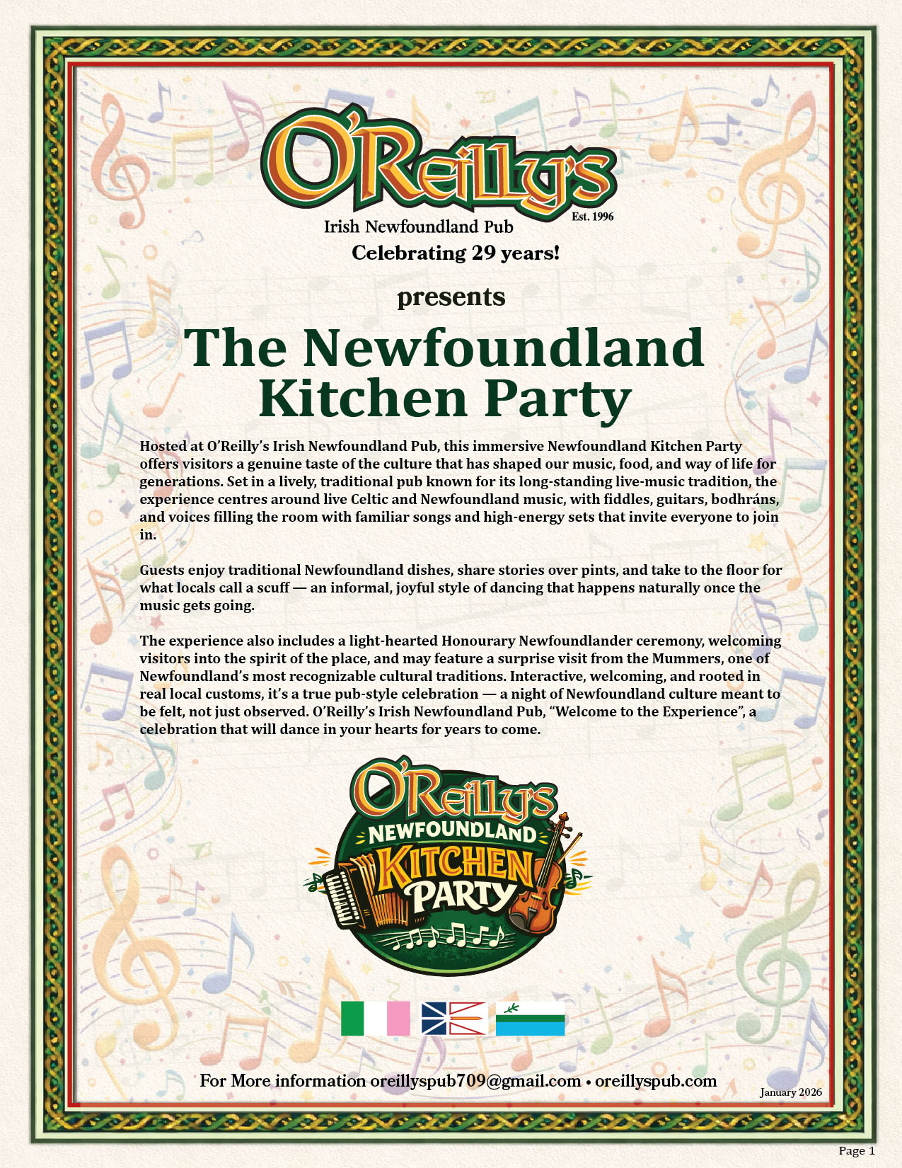 BOOKINGS/CATERING – O'Reilly's Irish Newfoundland Pub